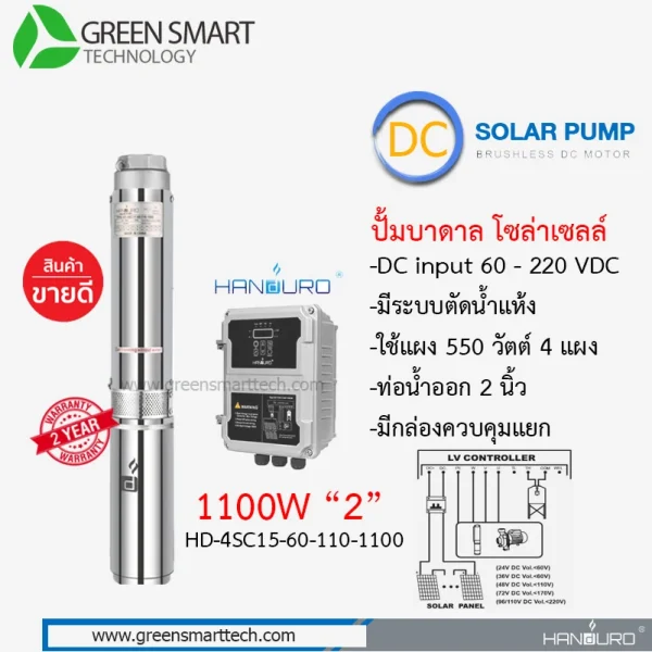 ปั้มบาดาล Handuro DC Brushless 1100W 2″ 4SC15-60-110-1100 – Green Smart ...